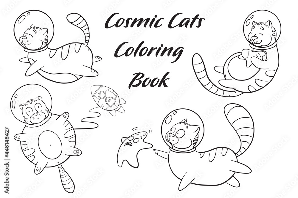 Cartoon Cats in Space Coloring Page. Funny Cosmic Cats sketch. Cute ...