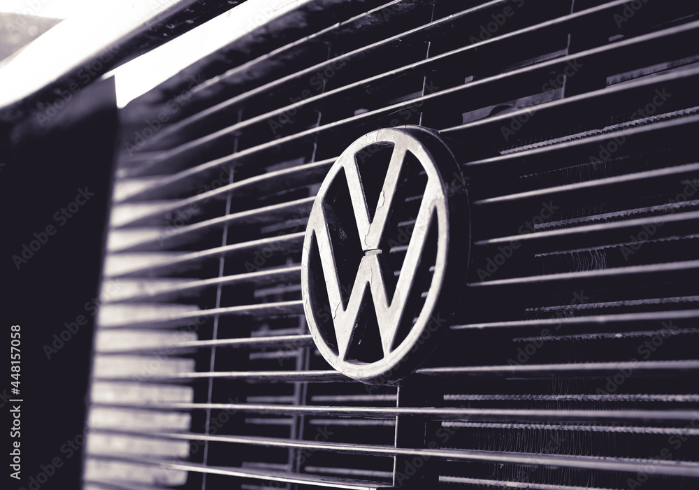 Volkswagen logo. Volkswagen logo. Black and white photo of the logo on ...