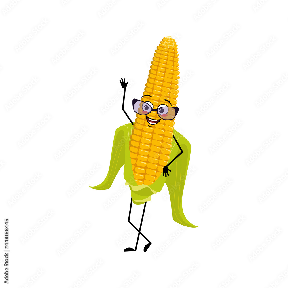 Cute corn cob character with glasses and joyful emotions, happy face, smile eyes, arms and legs ...