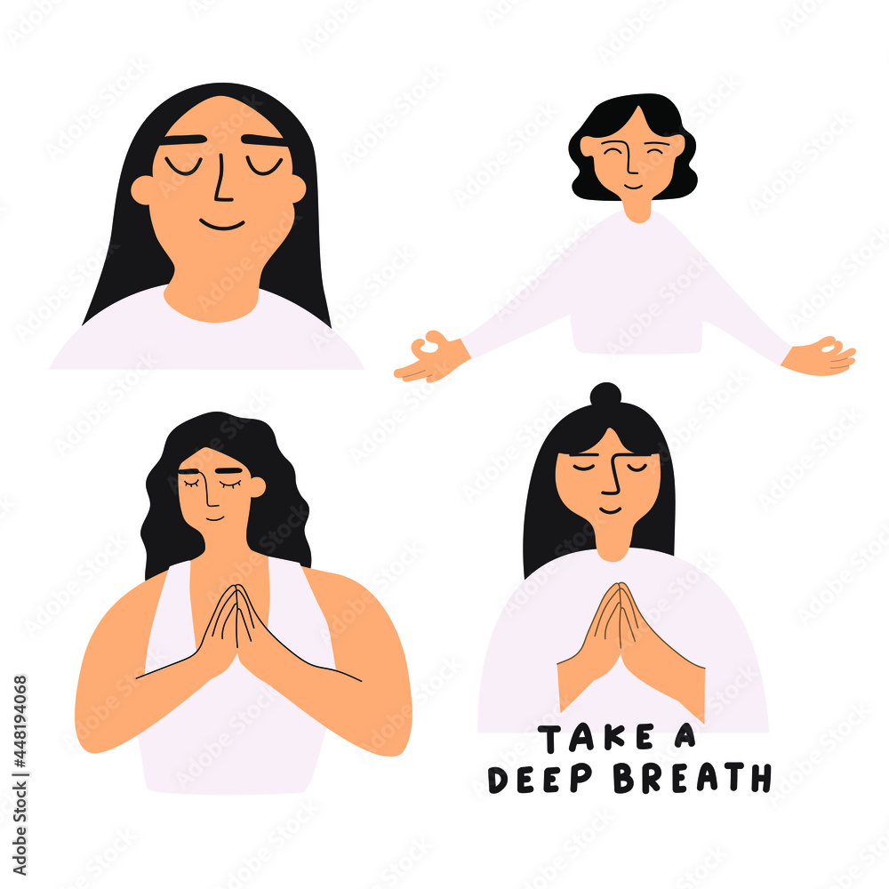 Set of icons of young women which deep breathing. Hand drawn vector ...