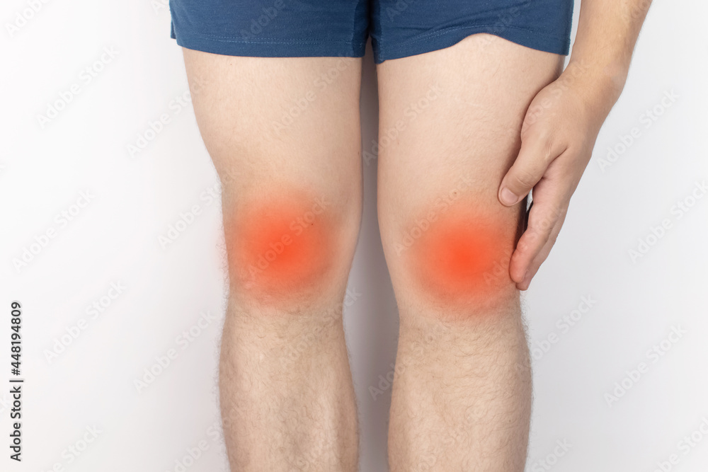 The man is holding on to his thigh. Muscle rupture, tendon sprains ...