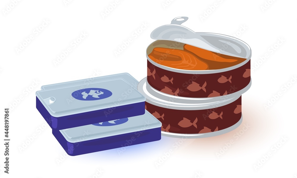 Cartoon salted salmon in round tin and packed fish paste. Vector ...