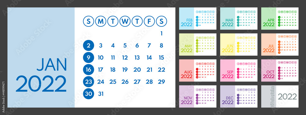 2022 colorful monthly full year calendar layout, printable vector ...