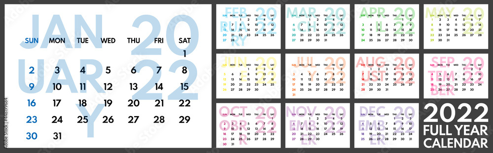 2022 colorful monthly full year calendar layout, printable vector ...