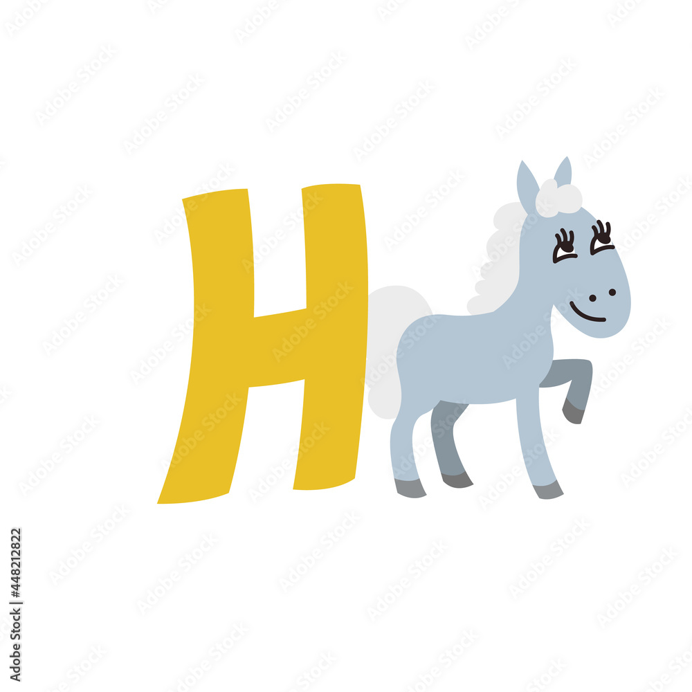 Horse animal alphabet symbol. English letter H isolated on white ...