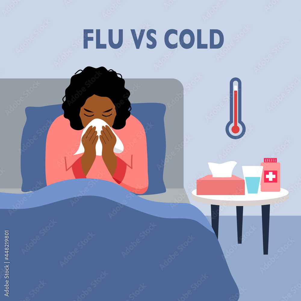 African woman suffering from flu in bed under blanket. Black female has ...