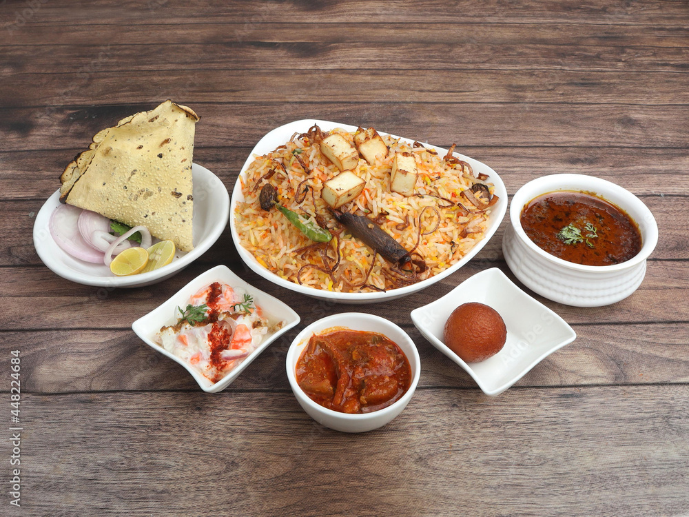 Paneer Biryani Thali - Basmati rice cooked with Cottage cheese, veggies ...