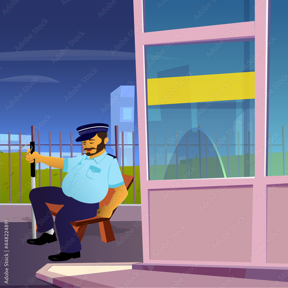 Cartoon design of Security Guard sitting in front of the office Stock ...