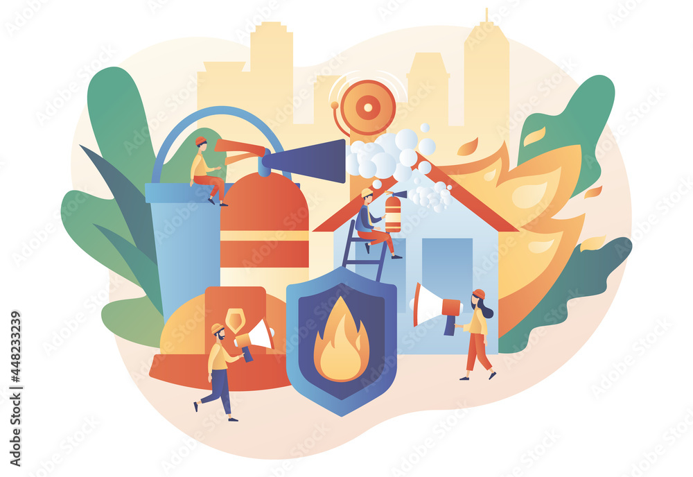 Fire prevention technologies. Fire protection. Fire Alarm. Tiny people ...