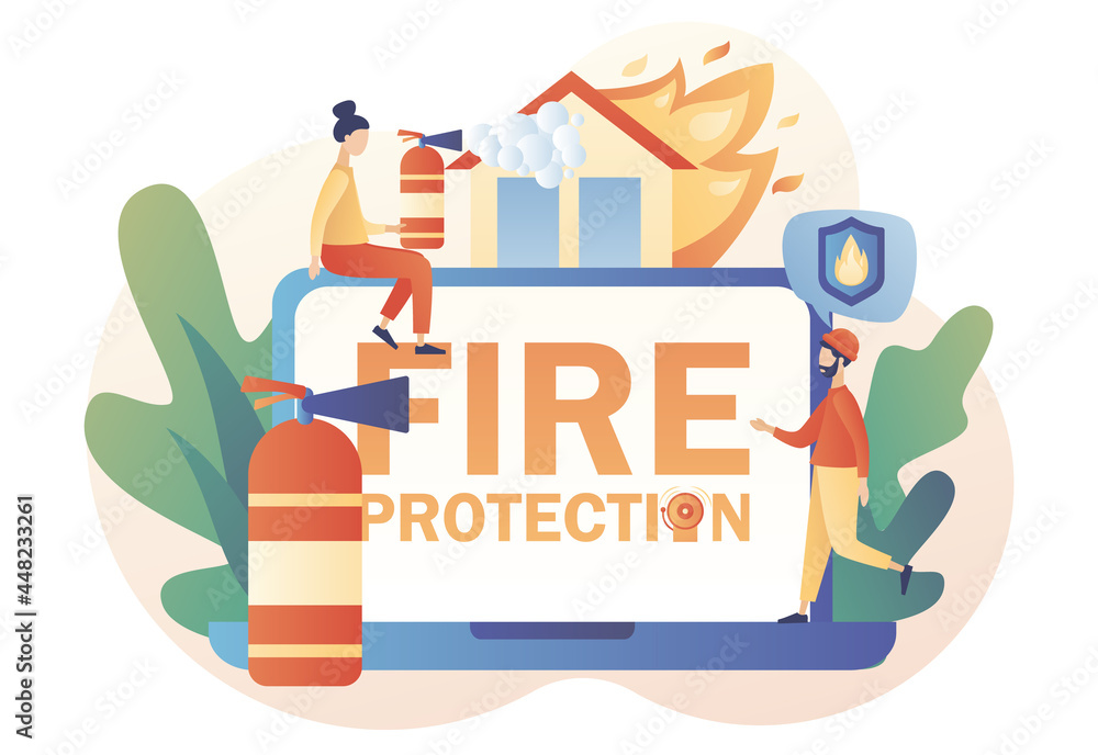 Fire protection - text on laptop screen. Fire Alarm online. Fire ...