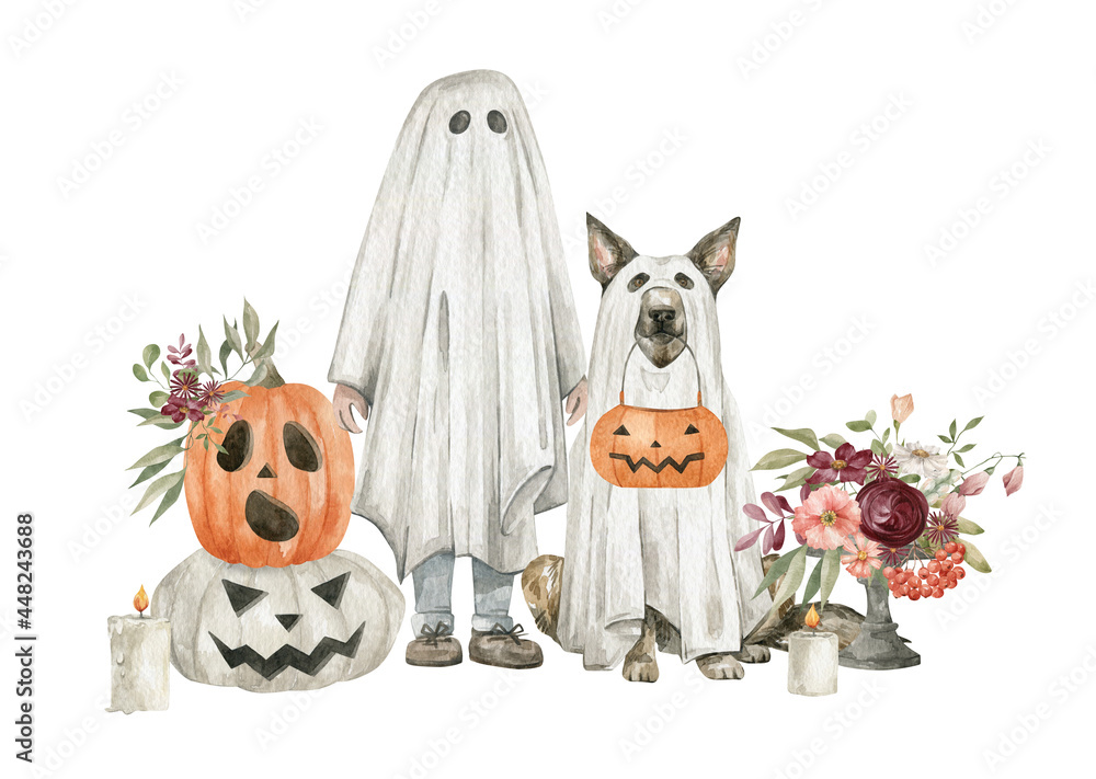 Watercolor composition with cute kid and dog in halloween ghost ...