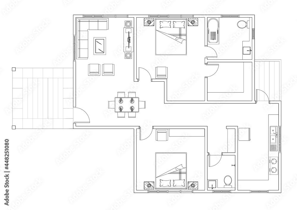 2D CAD house layout plan drawing with a double bedroom complete with ...