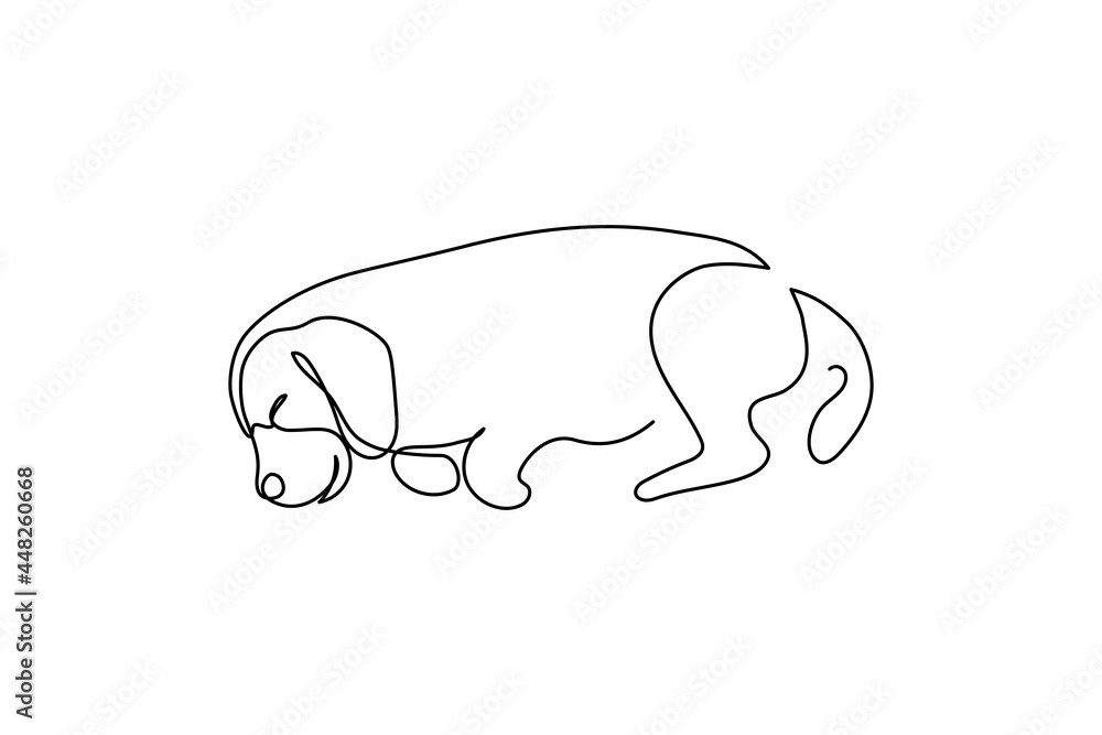 Sleeping dog in continuous line art drawing style. Cute beagle dog ...