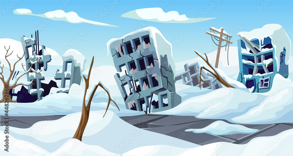 Ice age. Cartoon game landscape with mountains of snow and city. Frozen ...