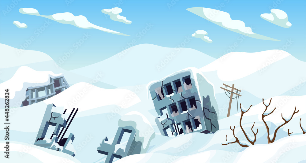 Ice age. Cartoon game landscape with mountains of snow and city. Frozen ...