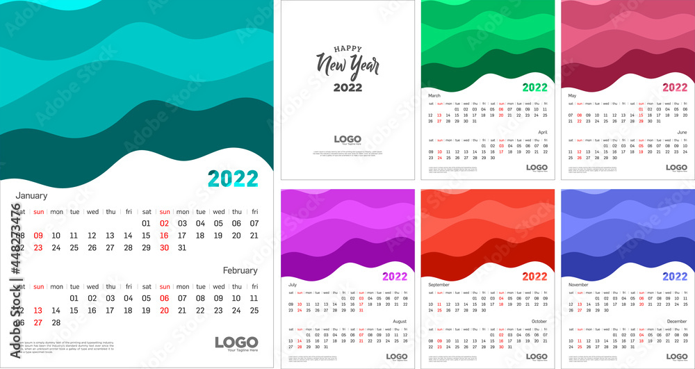 2022 Calendar template Design. Colorful 6 pages wall calendar design ...