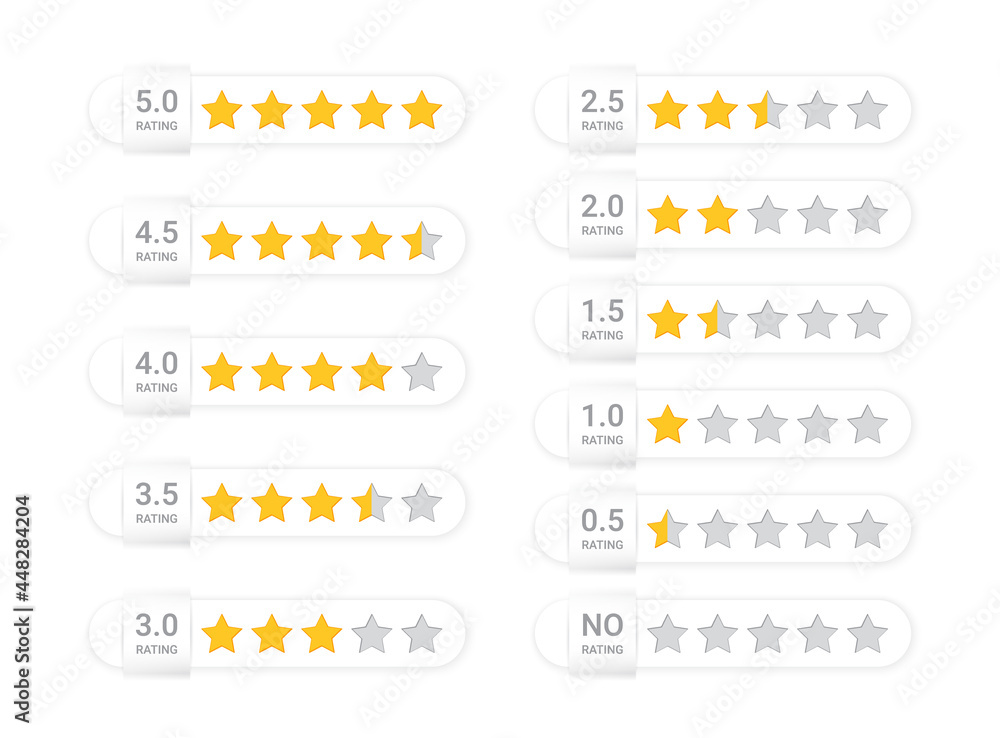 5 star rating. Five review icons. Yellow, gray feedback rate signs ...