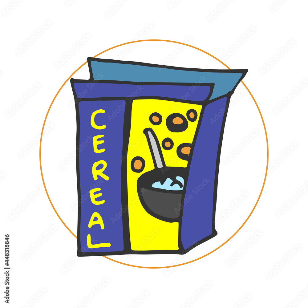 cereal box illustration with orange circle on white background. open ...