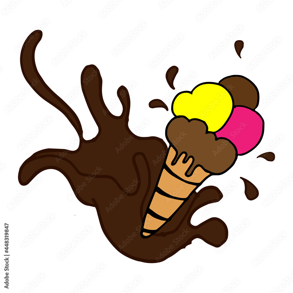 chocolate splatter with ice cream cone illustration on white background ...