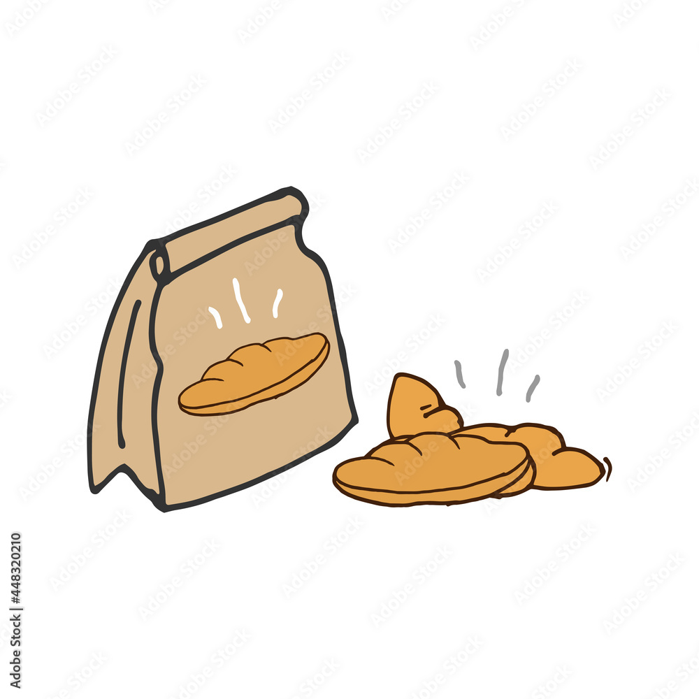Paper Bag With Bread Illustration On White Background Take Away Concept Hand Drawn Vector