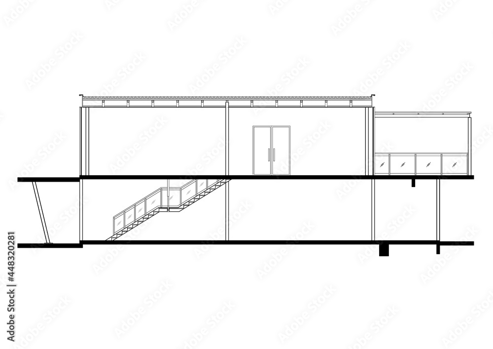 2D CAD sectional drawing of 2 stories modern house. The drawing shows ...