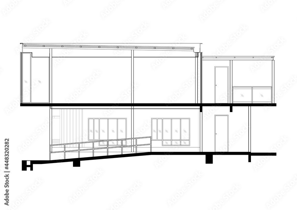 2D CAD sectional drawing of 2 stories modern house. The drawing shows ...