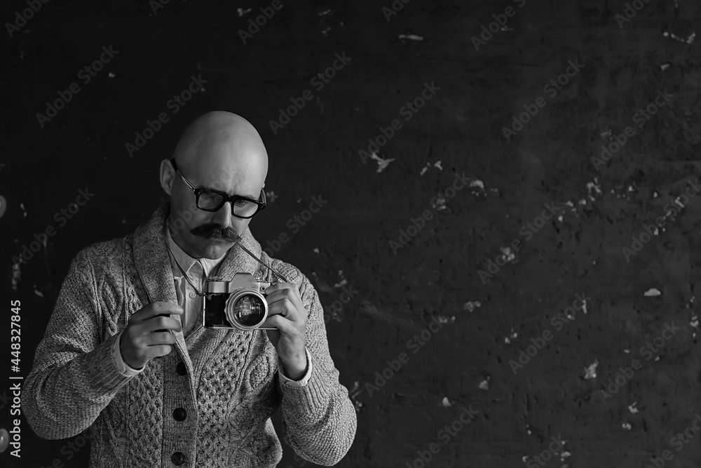 photographer with a vintage analog camera, a man with mustache, funny ...