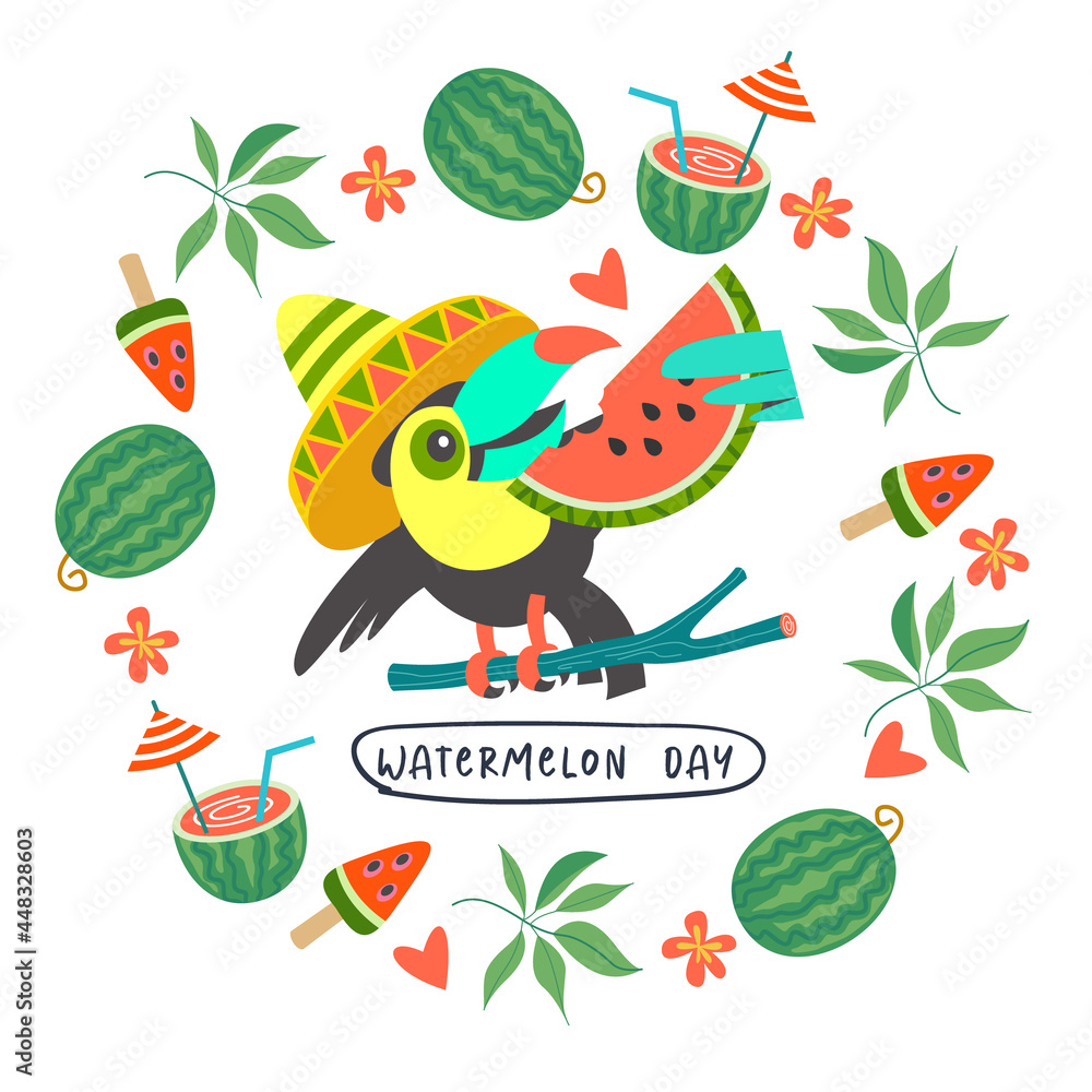 Watermelon Day. Festive fun vector clipart. Template for a postcard ...