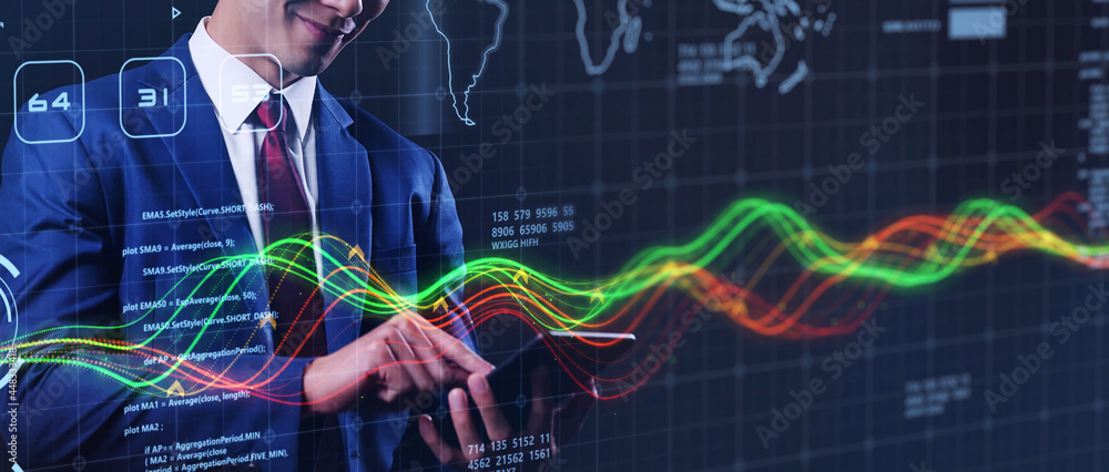 Business finance investment concept, businessman and graph chart ...