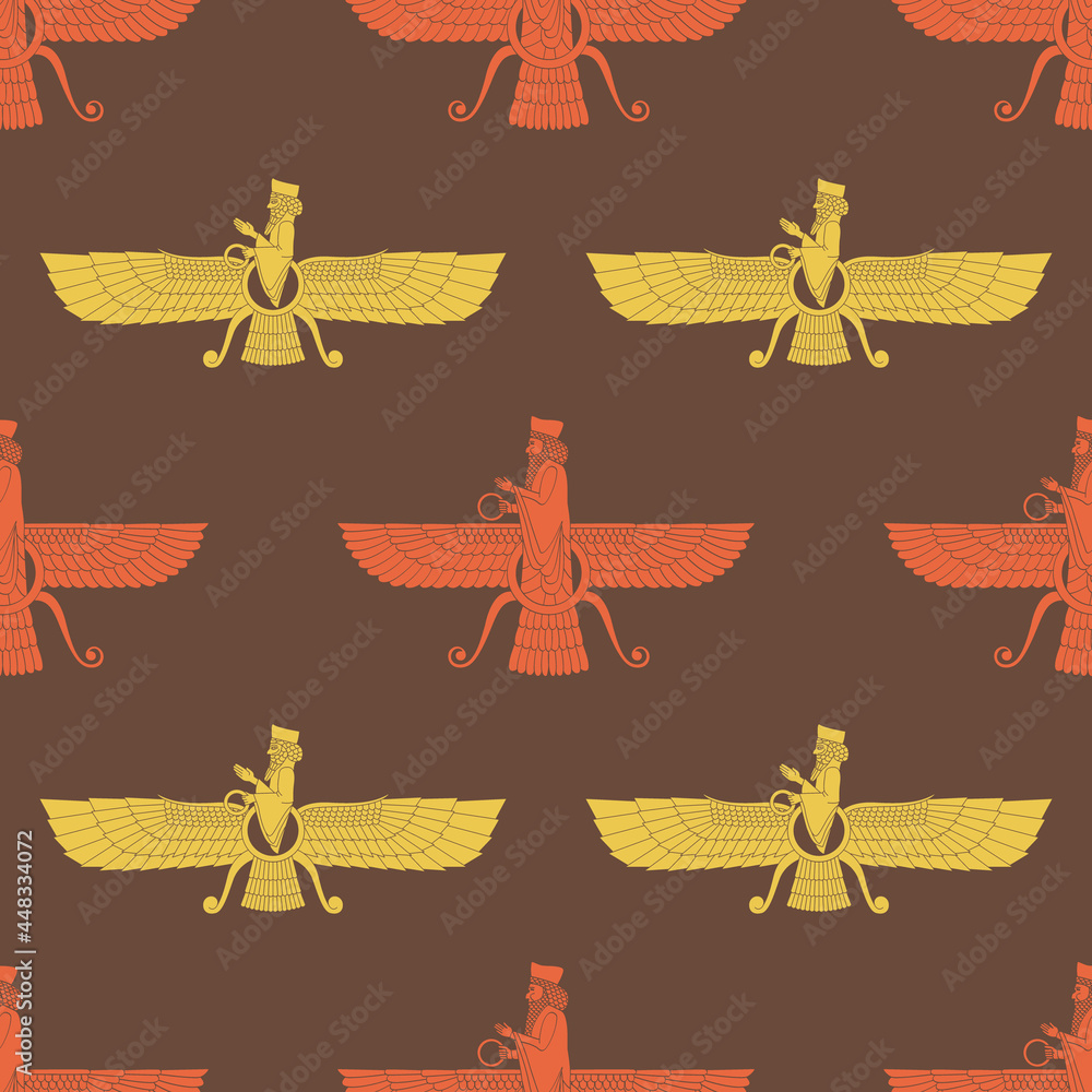 Seamless pattern with ancient sumerian symbol Faravahar for your ...