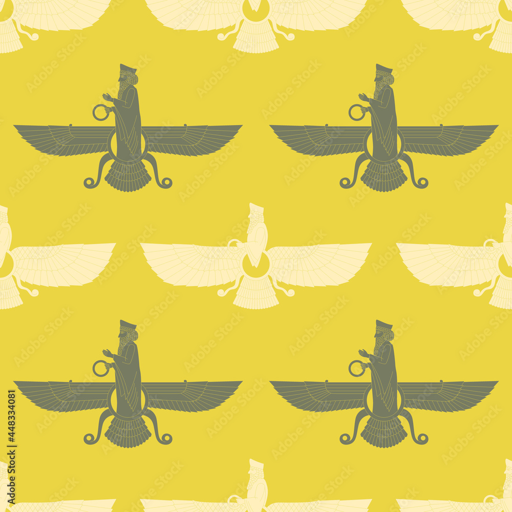 Seamless pattern with ancient sumerian symbol Faravahar for your ...