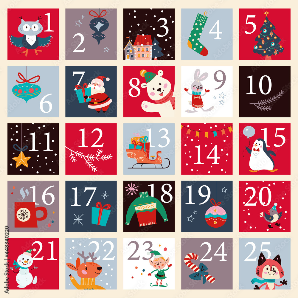 Christmas december advent calendar with numbered parts and cute winter ...