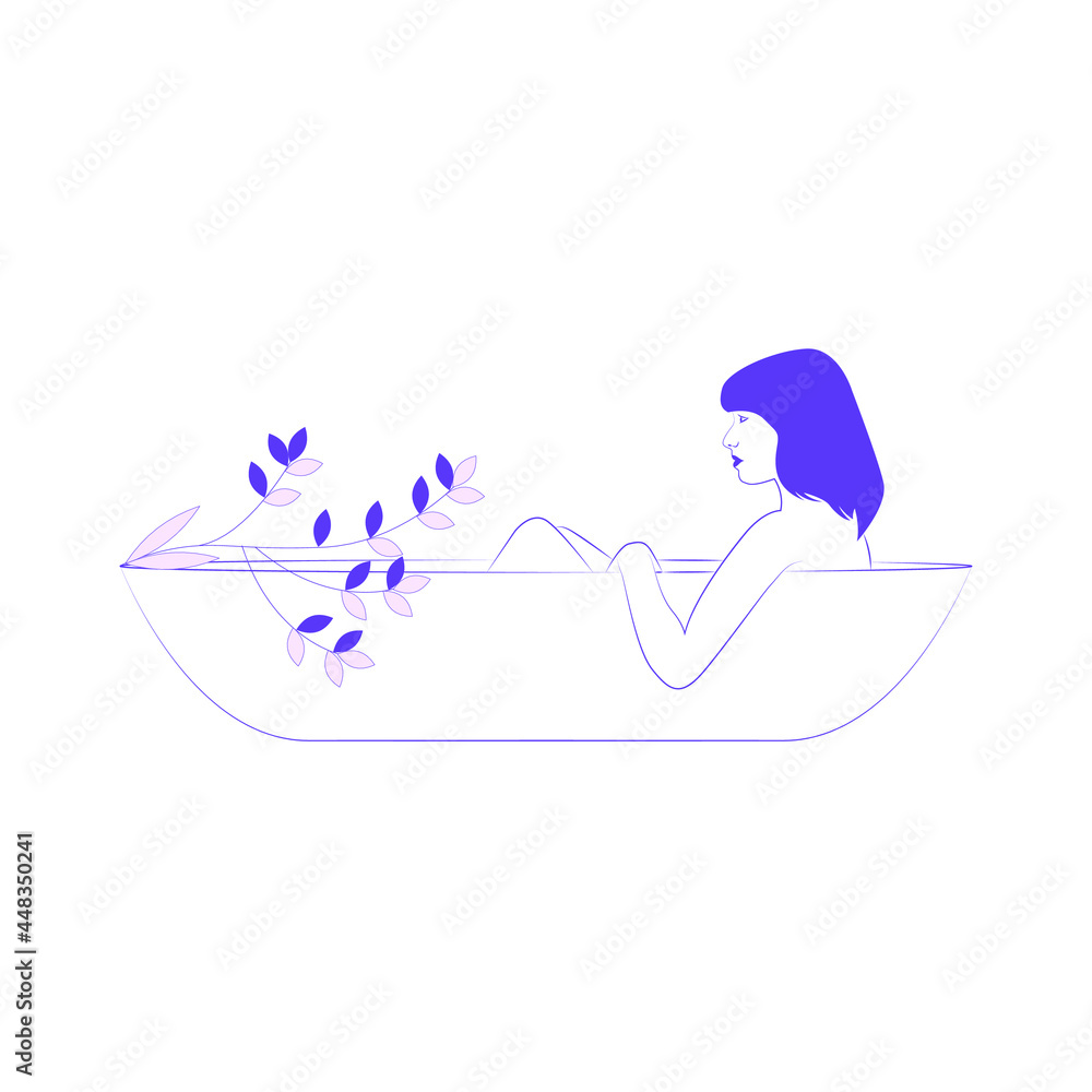 Woman relaxing and bathing in bathtub Hand drawn line art vector stock ...