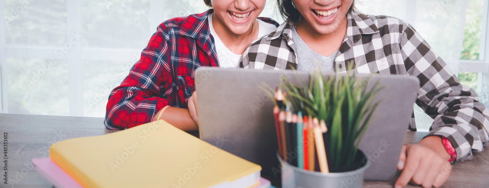 Online e-learning education concept, Two teenager female students happy ...