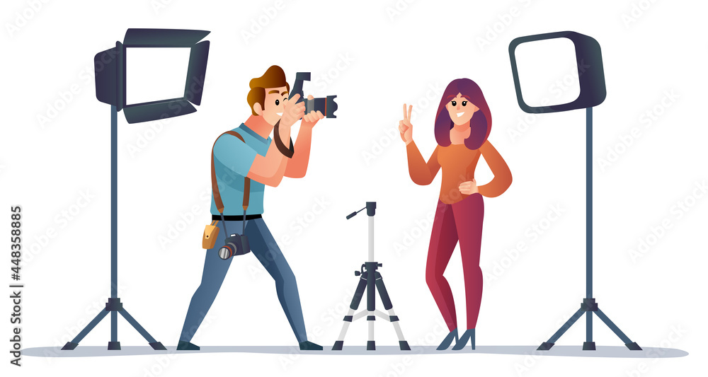 Professional photographer and model with photography equipment cartoon ...