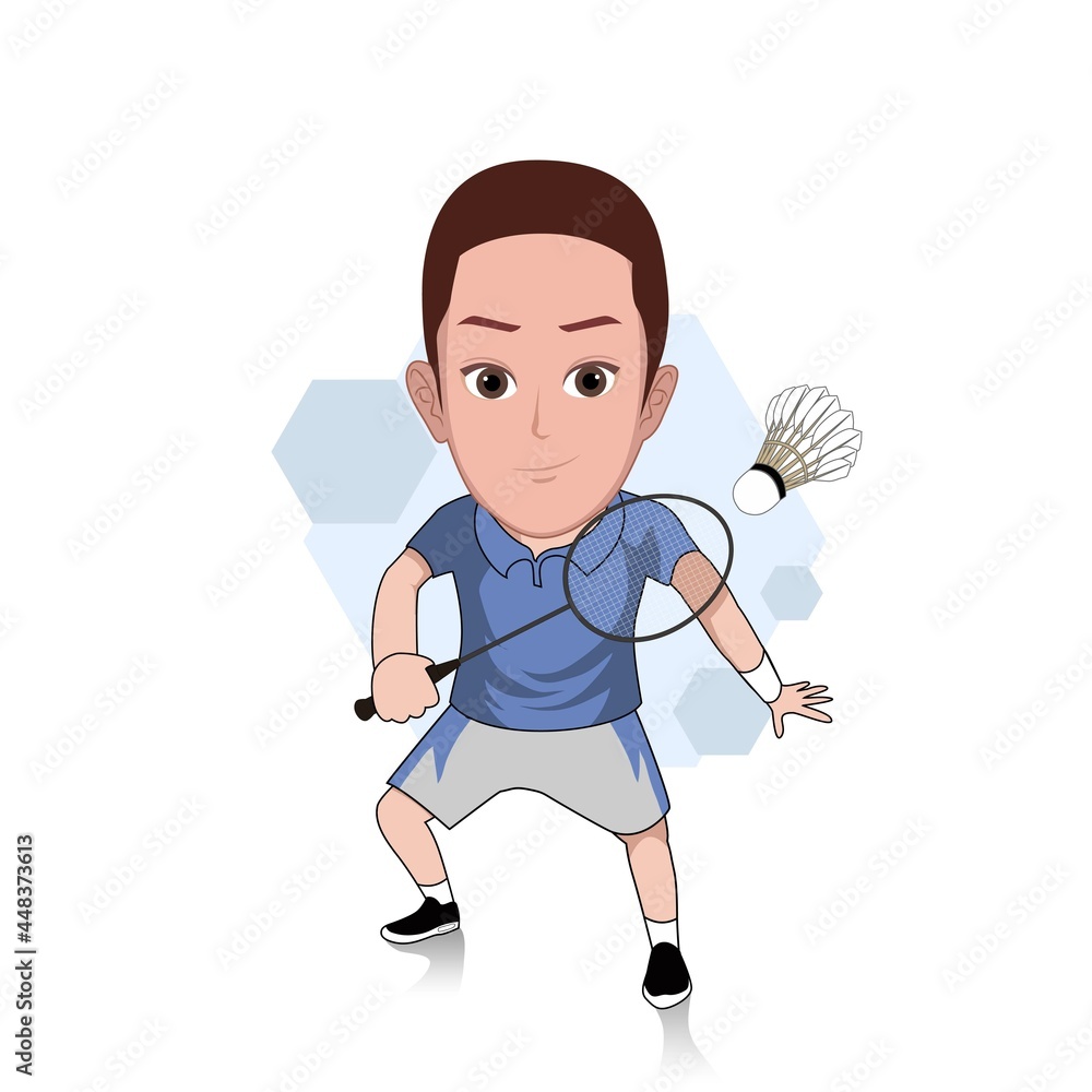 Cartoon carricature of a man playing badminton wearing a blue shirt ...