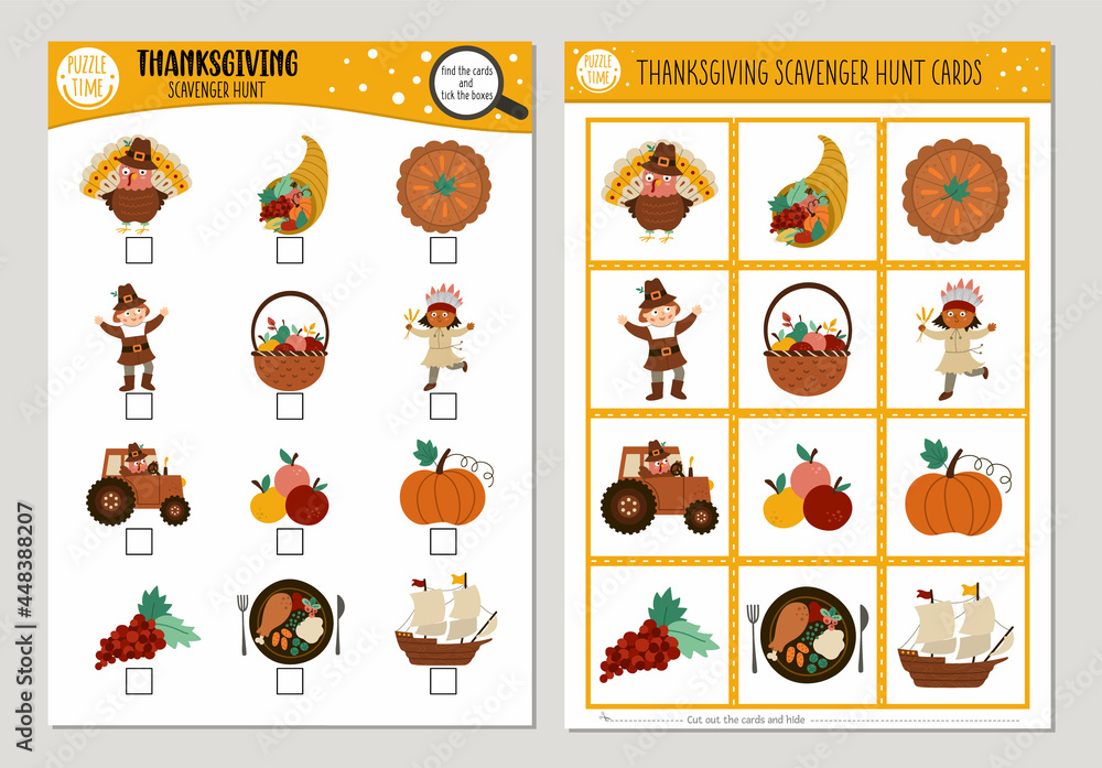 Vector Thanksgiving scavenger hunt cards set. Seek and find game with ...