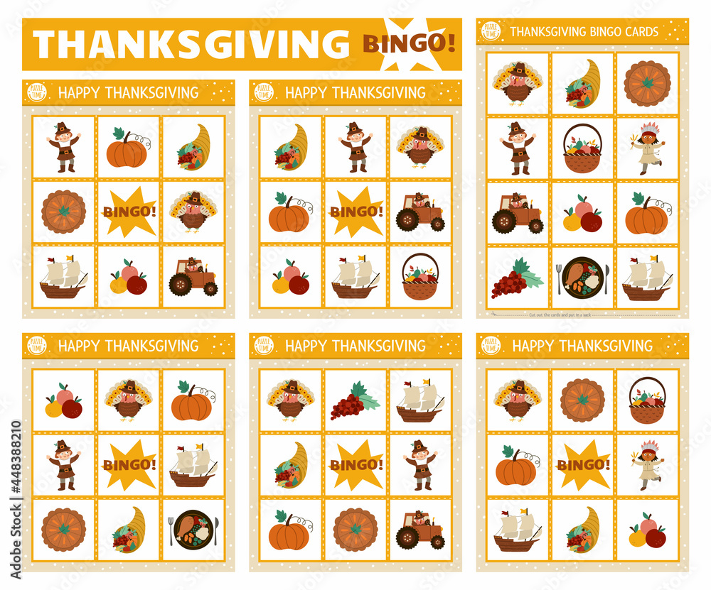 Vetor do Stock: Vector Thanksgiving bingo cards set. Fun family lotto ...
