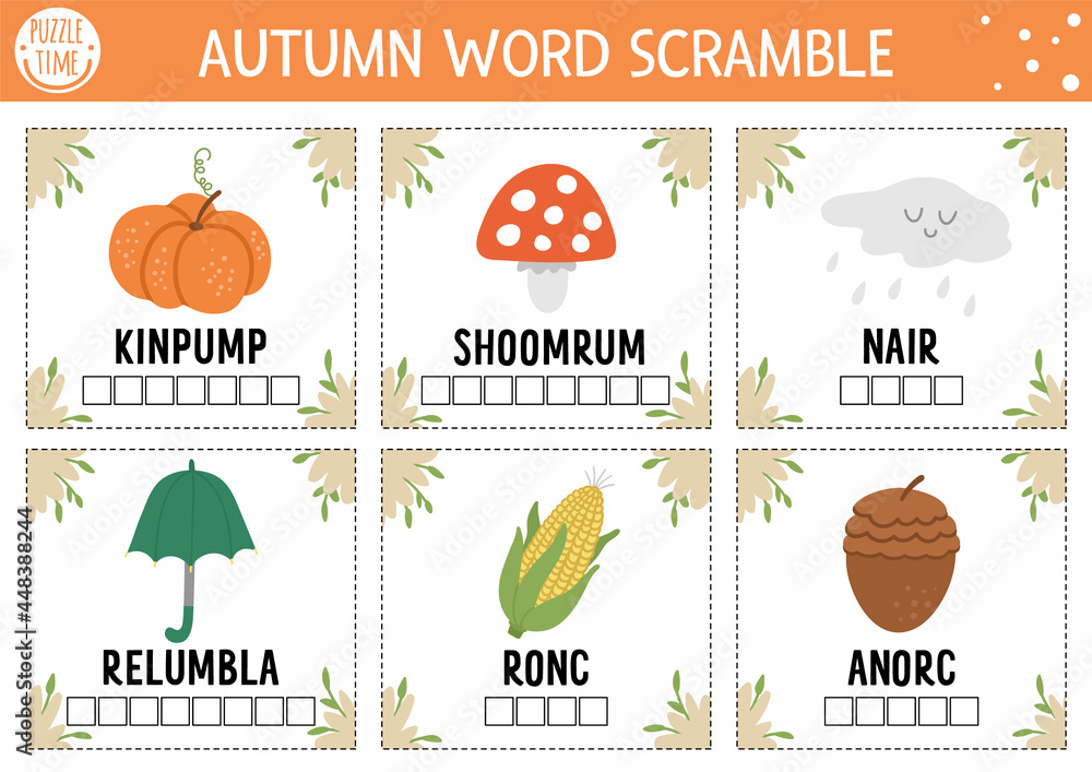 Vector Autumn word scramble activity cards. English language game with ...