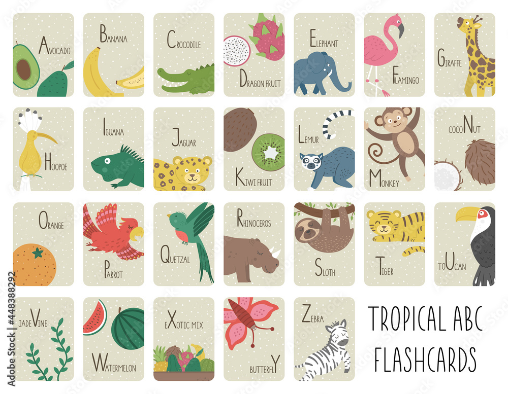 Tropical alphabet cards for children. Cute cartoon ABC set with exotic ...
