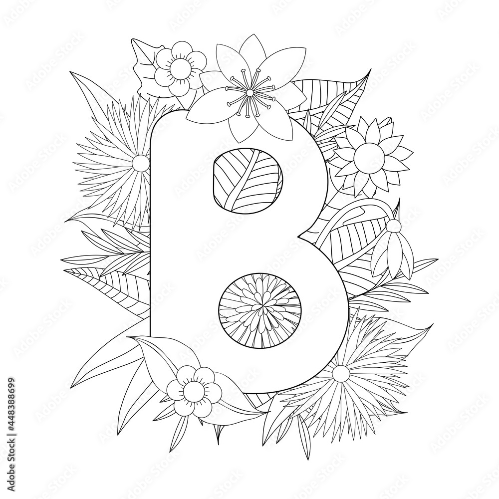 Letter B coloring page. Floral coloring. Stock Vector | Adobe Stock