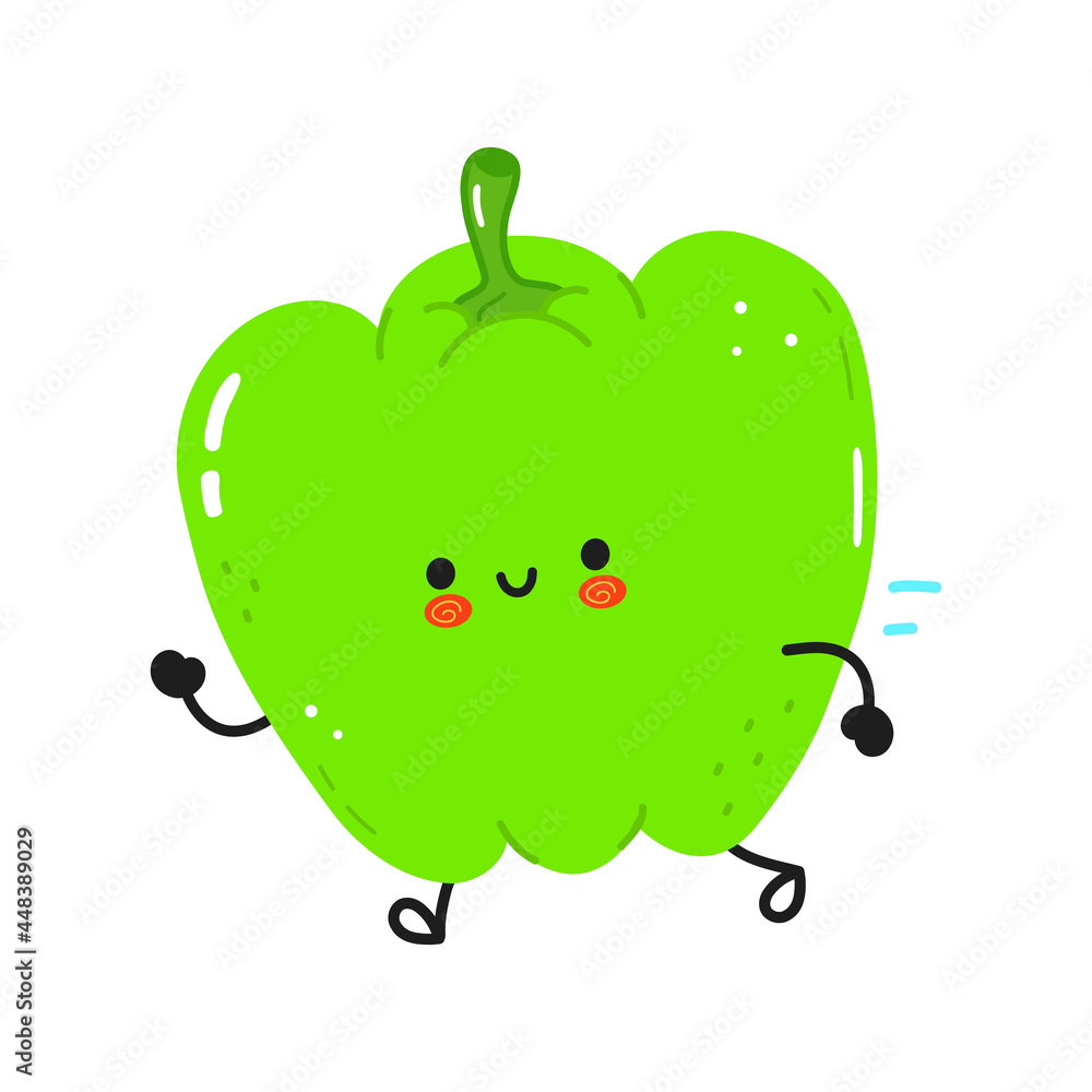 Cute funny running green pepper. Vector hand drawn cartoon kawaii ...