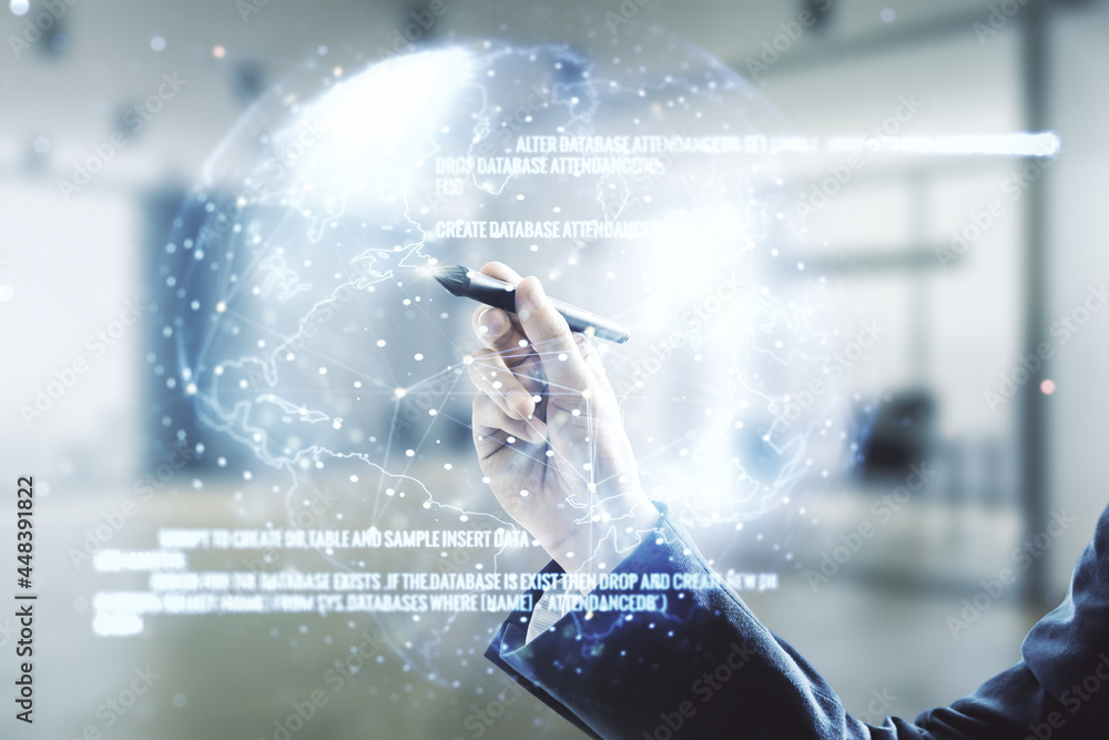 Double exposure of man hand with pen working with abstract creative ...