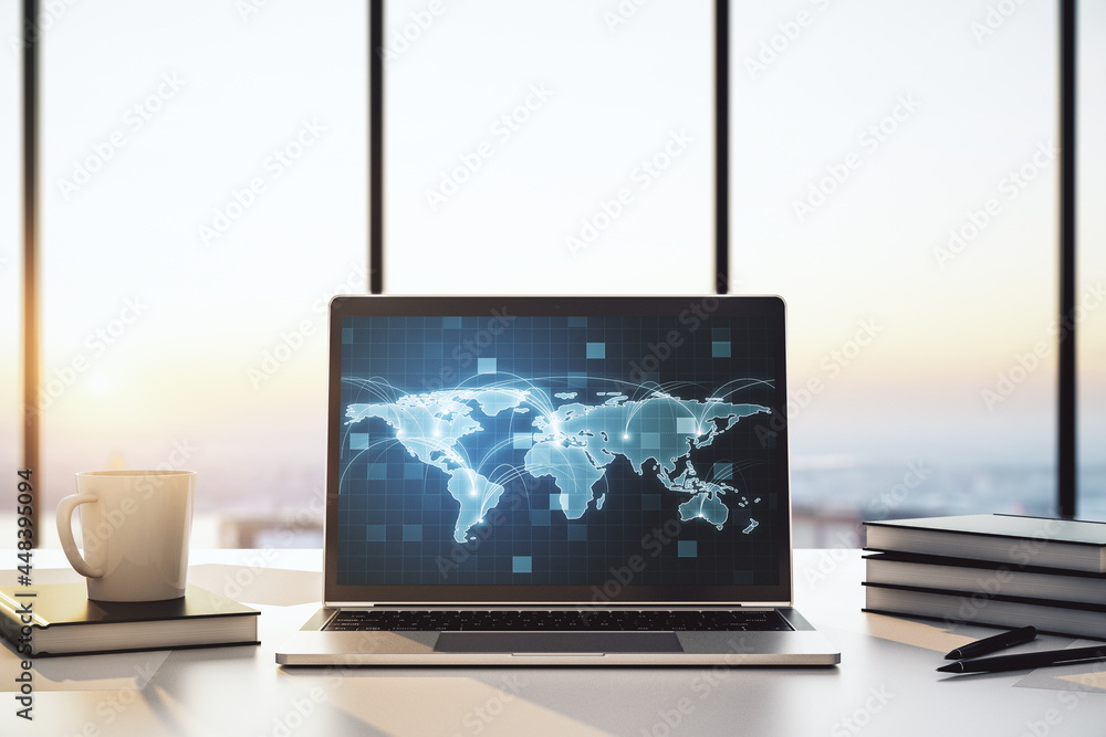 Computer monitor with abstract graphic digital world map with ...