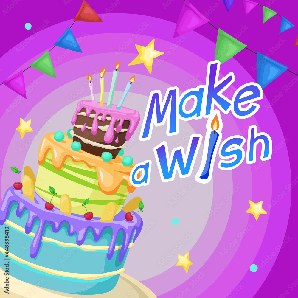 Happy birthday design template. Cartoon style cake with candles ...