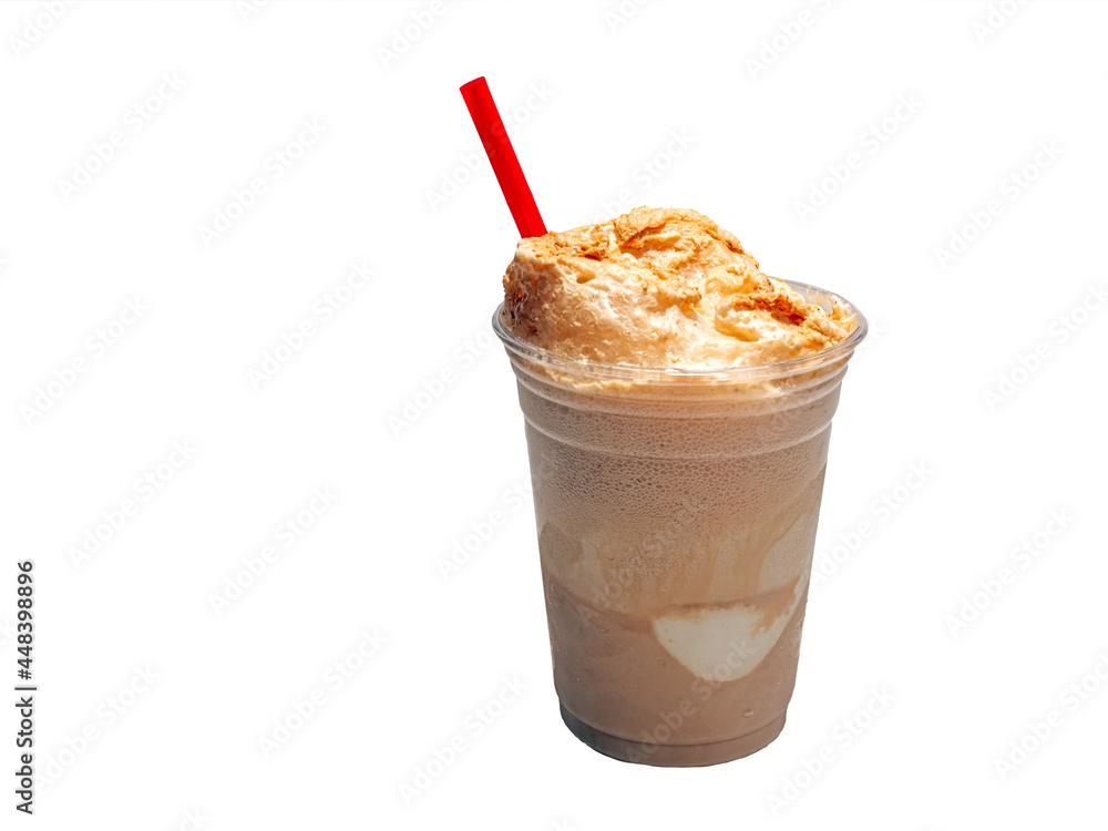 Delicious old fashioned frothy Root Beer Float in a clear plastic cup ...
