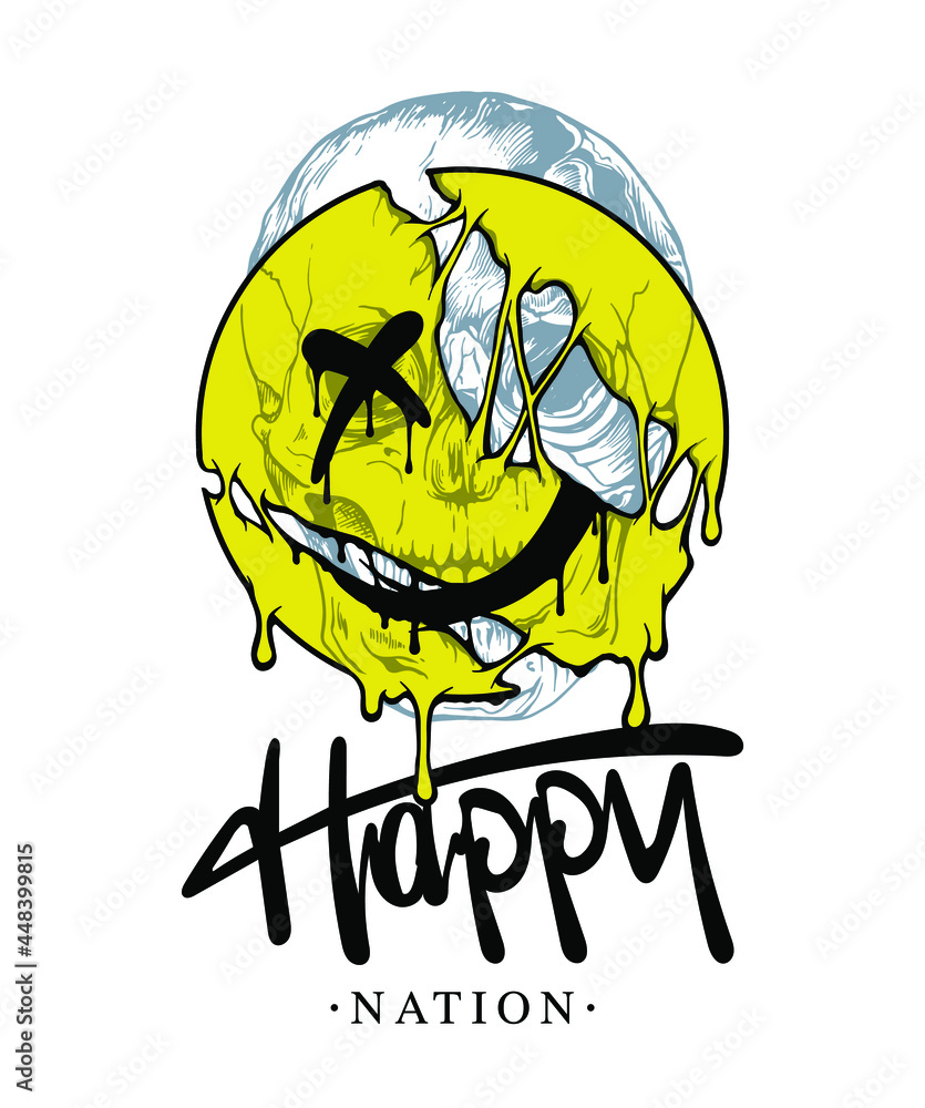 hand drawn skull and melting emoji illustration with a slogan print ...