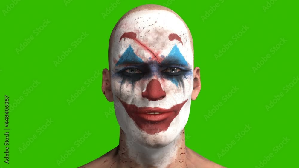 The scary clown chatters incessantly. Talking head of a creepy clown ...
