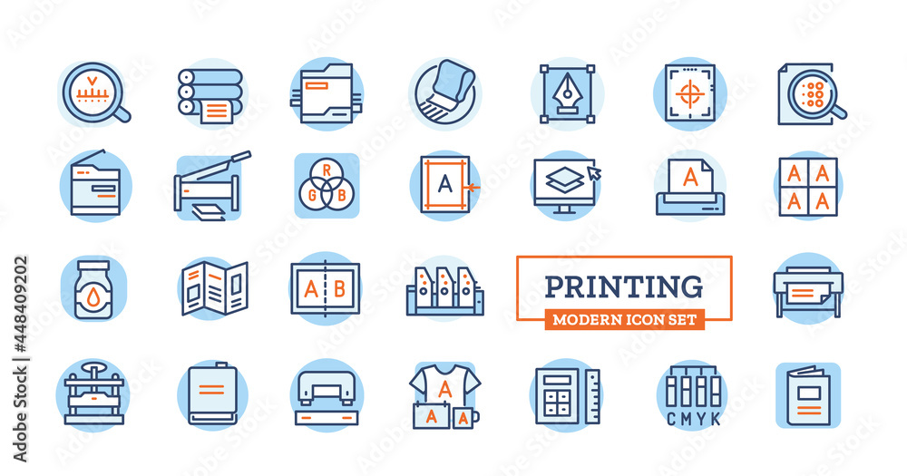 Vector printing service modern icons with thin line stroke and colorful ...