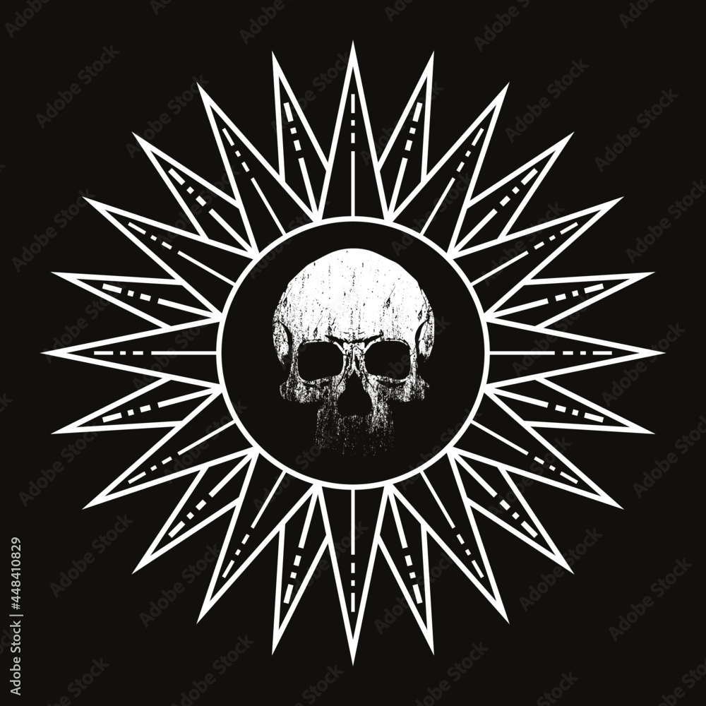 vector illustration of a sun with human skull on black background ...